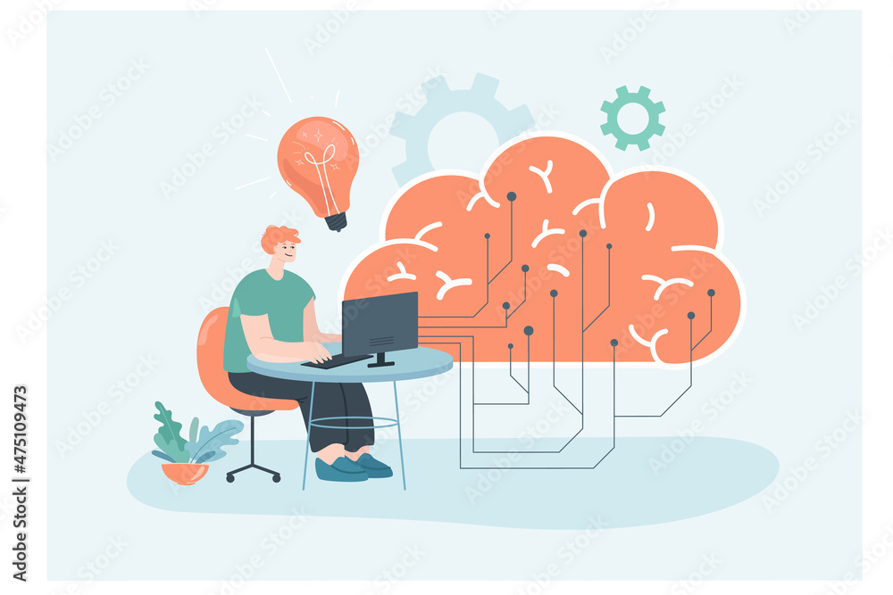 Vetor do Stock: Programmer working with digital brain and computer ...