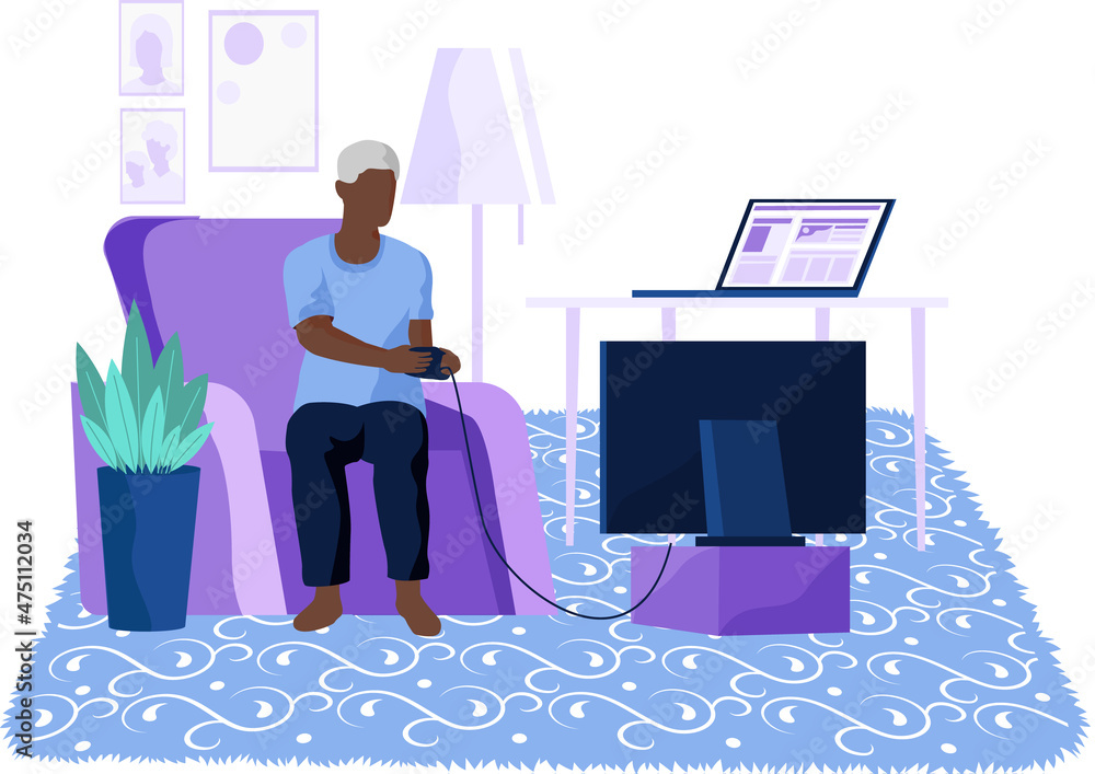 Elderly gray haired pensioner man sits at computer holds gamepad in ... Elderly gray haired pensioner man sits at computer holds gamepad in ...