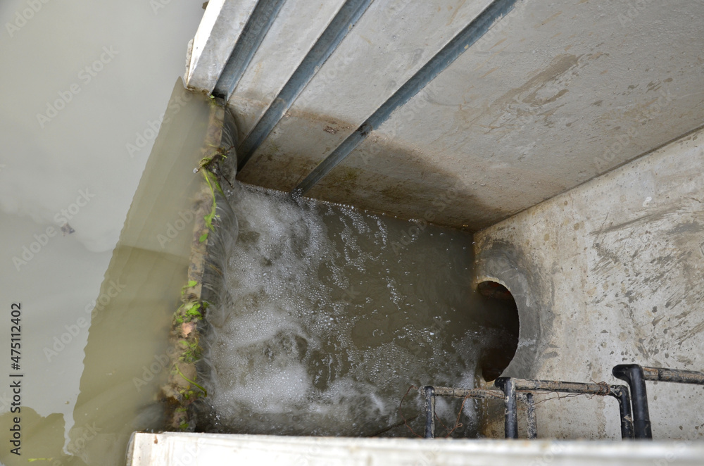 pond sluice, water reservoirs with regulation and concrete dam shaft ...