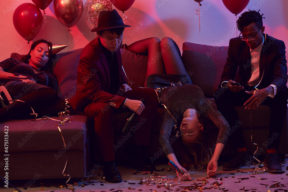 Group of drunk young people sleeping on couch after raging party in ...