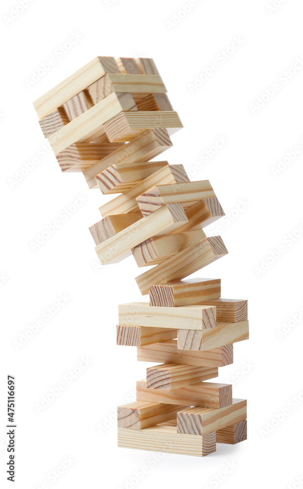 Jenga tower made of wooden blocks falling on white background Stock ...