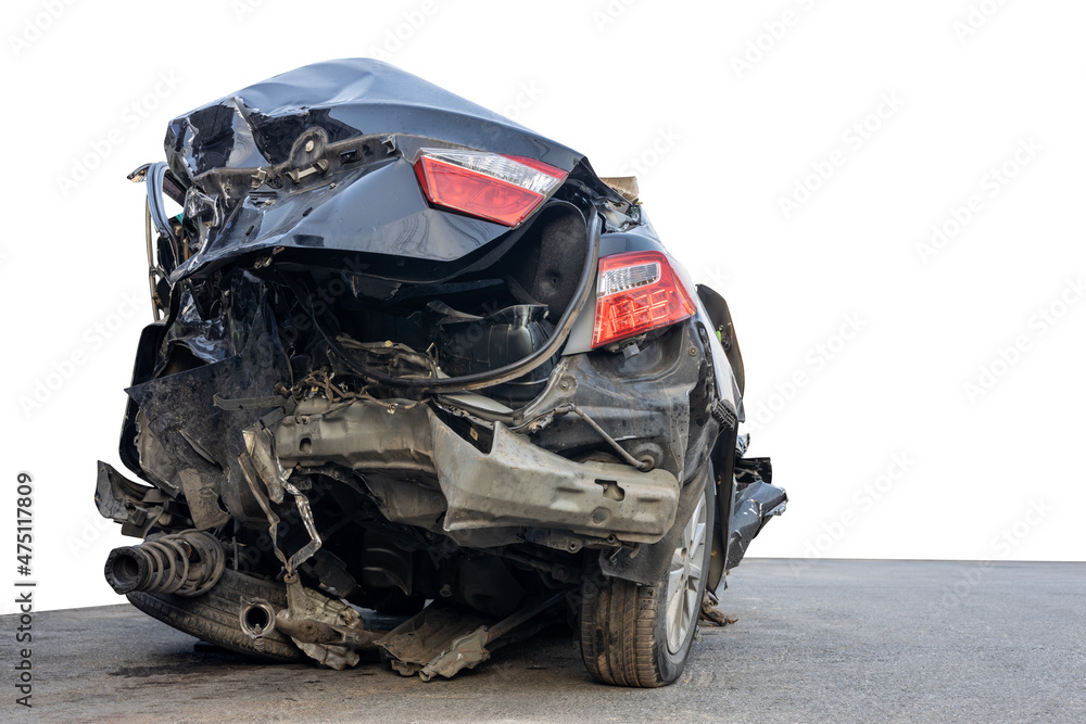 The rear isolate of a black car, which was devastated to wreckage ...