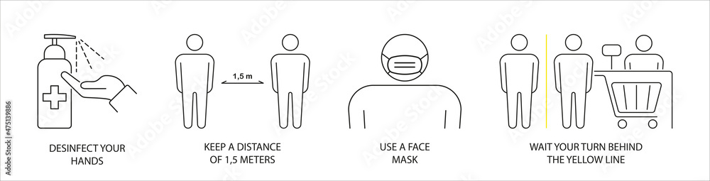 Set of isolated icons with preventive measures in retail outlets ...