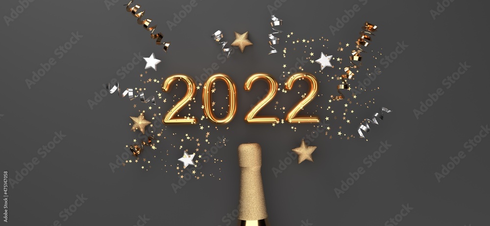 New Year 2022 celebration theme with a champagne bottle with confetti ...