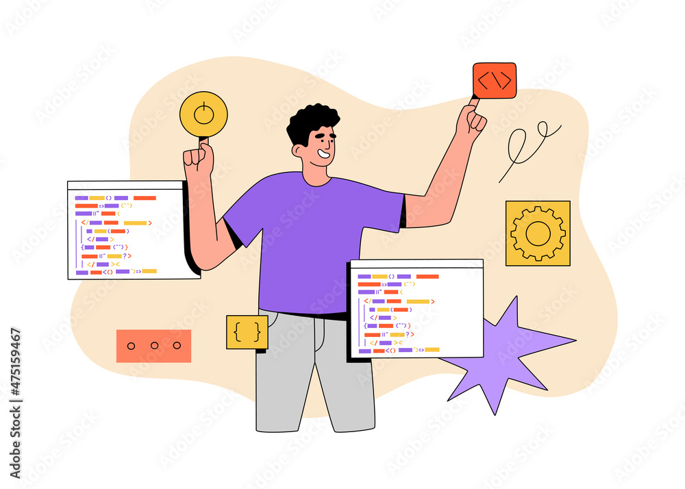 Programmer working on web development on virtual computer screen ...