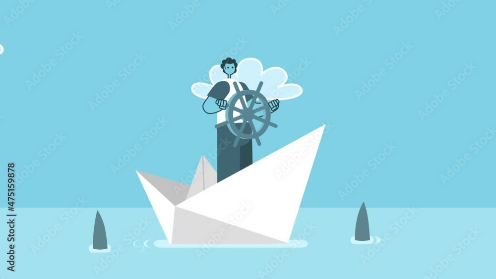 Cartoon man sailing on paper boat surrounded by sharks. Flat Design 2d ...