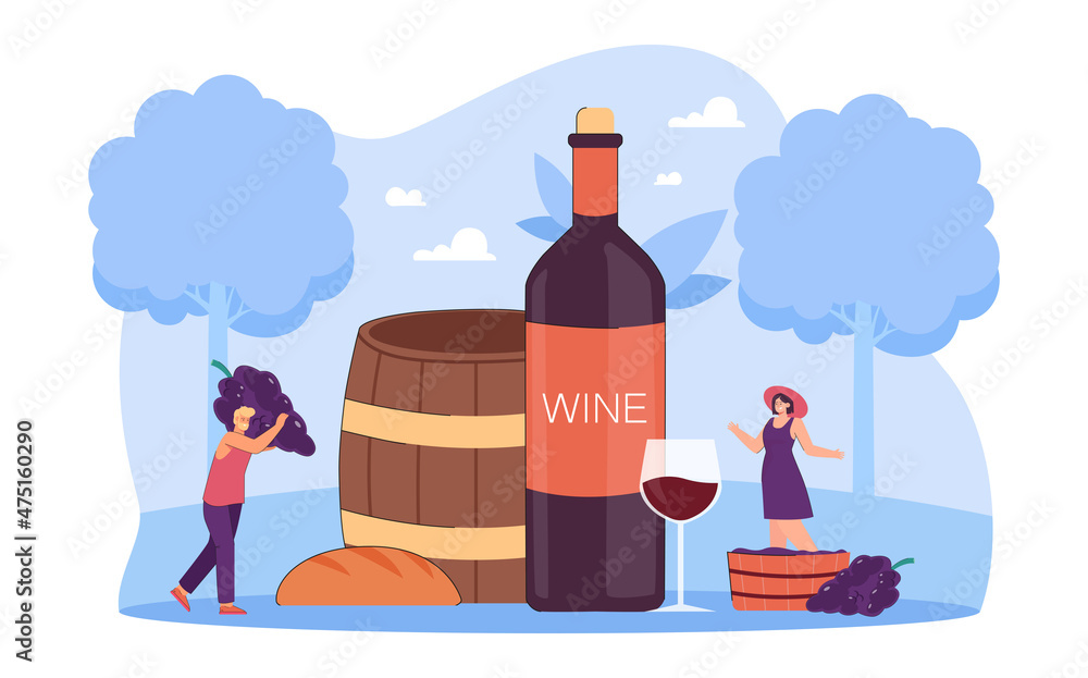 Tiny cartoon characters with vines producing natural wine. Male and ...