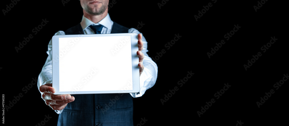 Screen mockup. Empty blank tablet in businessman hand. Mock up screen ...