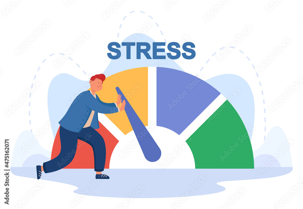 Businessman reducing tension level on stress meter with efforts. Tiny ...