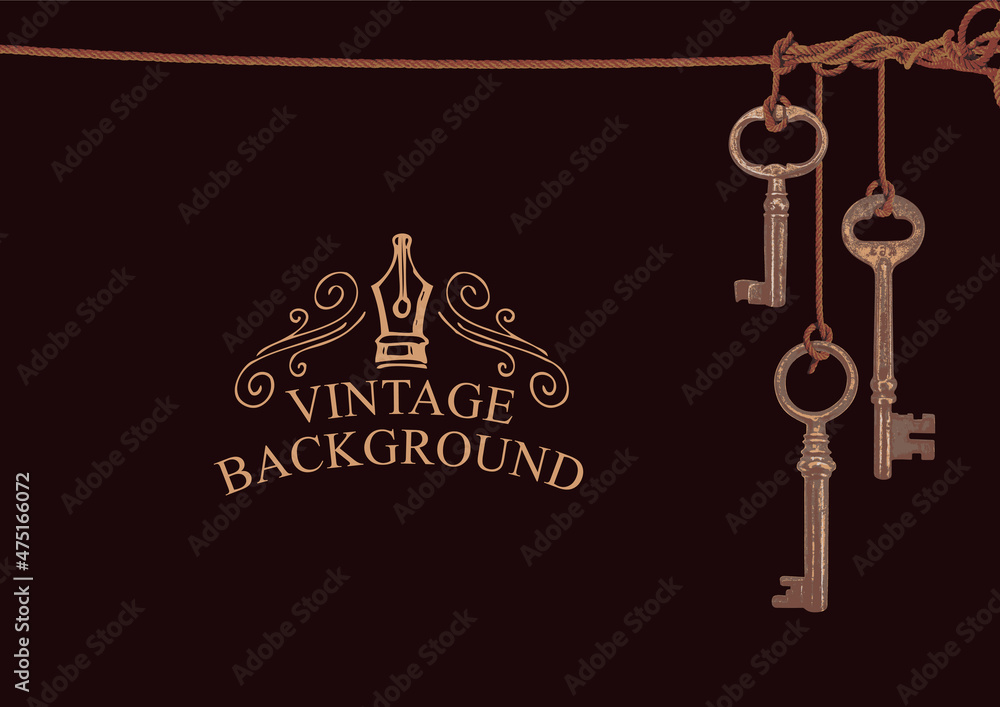 Vintage background with realistic old keys, hand-drawn vignette and a ...