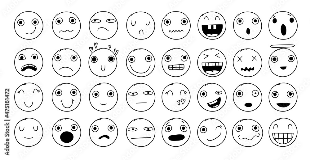 Doodle emoji set. Doodles image pictograms, Smile emotion funny faces ...