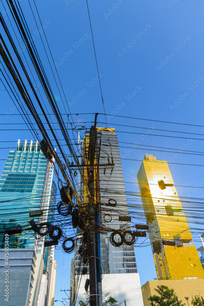network of fiber optic cables installed on a utility pole Stock Photo ...