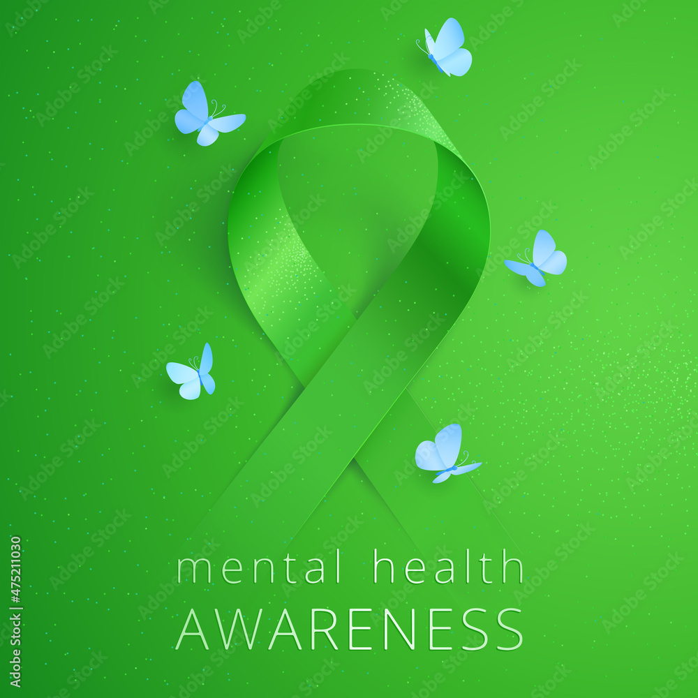 Mental health awareness. Green ribbon loop appears from the emerald ...