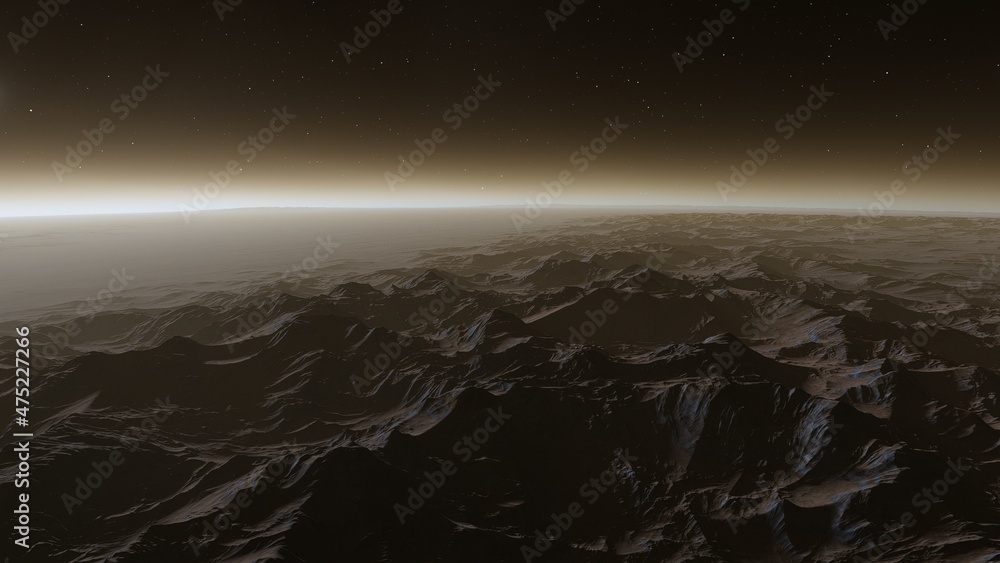 realistic surface of an alien planet, view from the surface of an exo ...