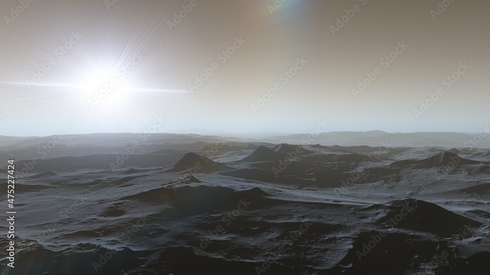 realistic surface of an alien planet, view from the surface of an exo ...