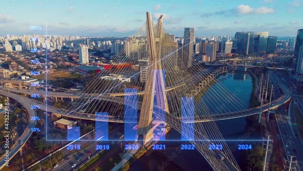 Aerial cityscape of smart city with futuristic bar chart effect. Data ...