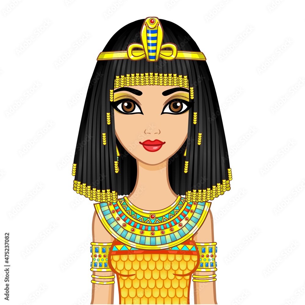 Animation Egyptian princess in ancient clothes and wig, gold jewelry ...