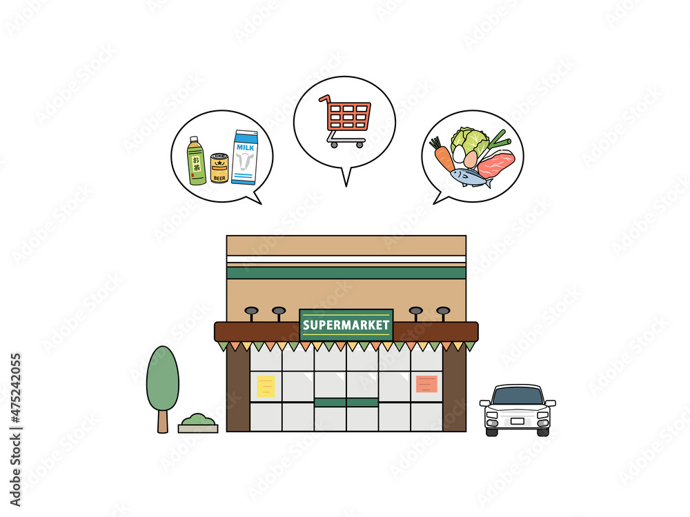 Vecteur Stock スーパーマーケット 外観 建物 お店 線画 イラスト素材 Adobe Stock