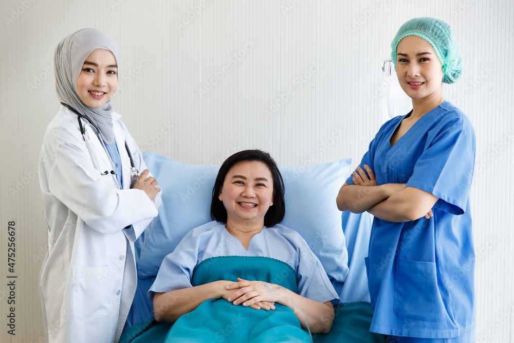 Portrait shot of Muslim Islam Arab doctor in hijab white lab coat with ...