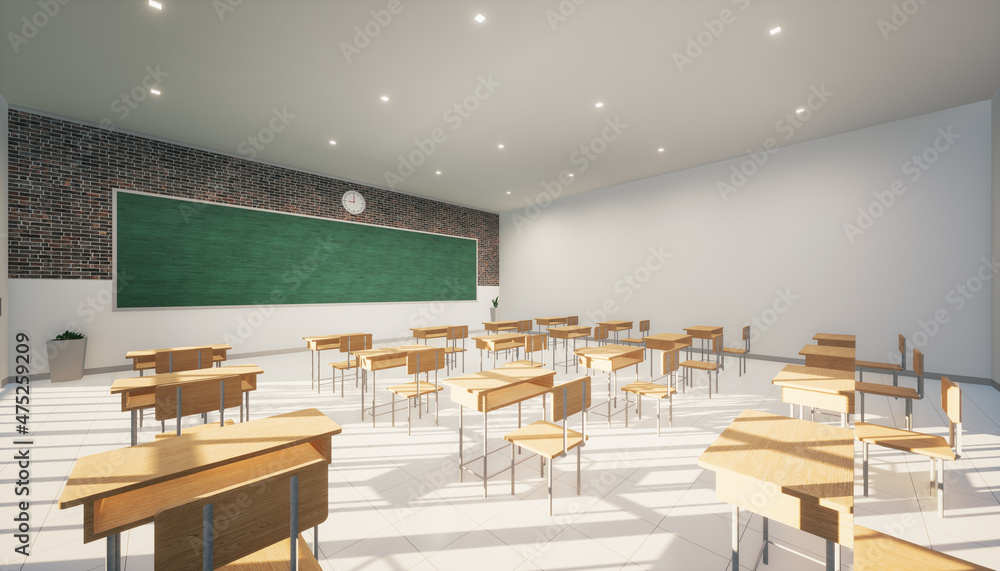 3d rendering of classroom. Interior room consist of tile floor, board ...