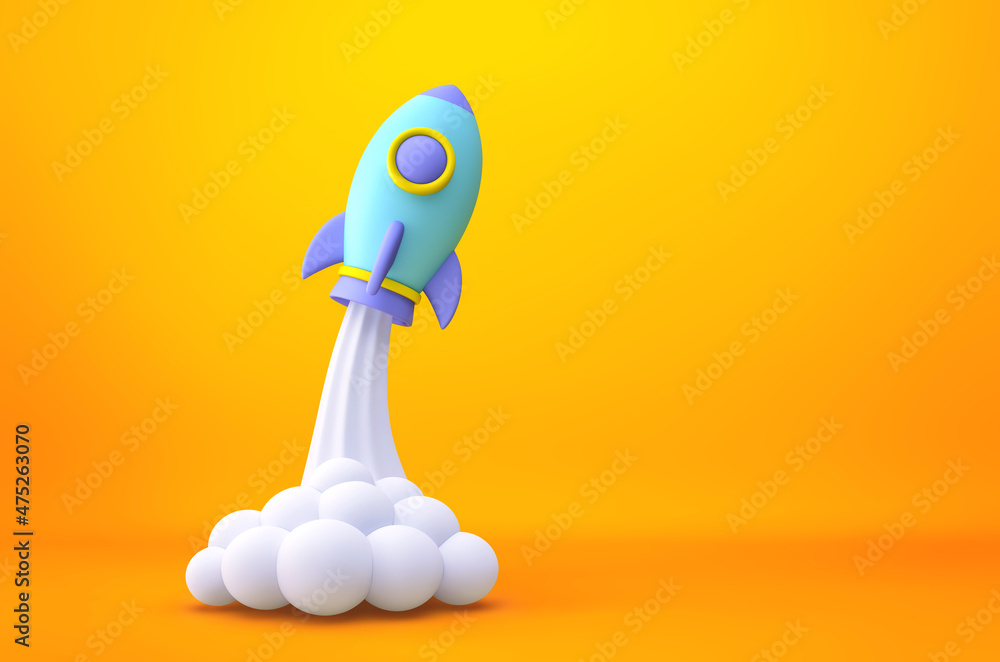 Cartoon rocket launch on yellow background. Clipping path included ...