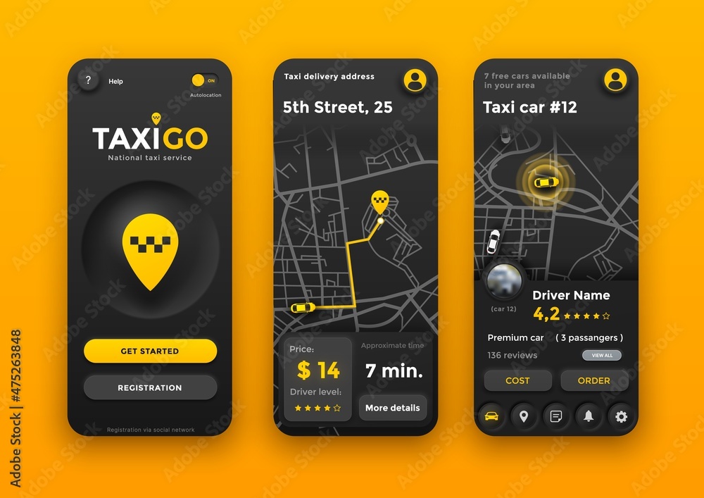 Neumorphic taxi online mobile order application interface. Ui ...