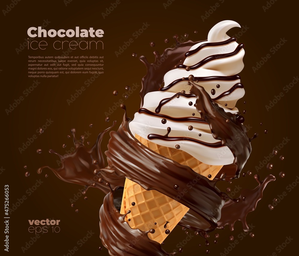 Chocolate soft serve ice cream with choco splash and swirls. Vector ...