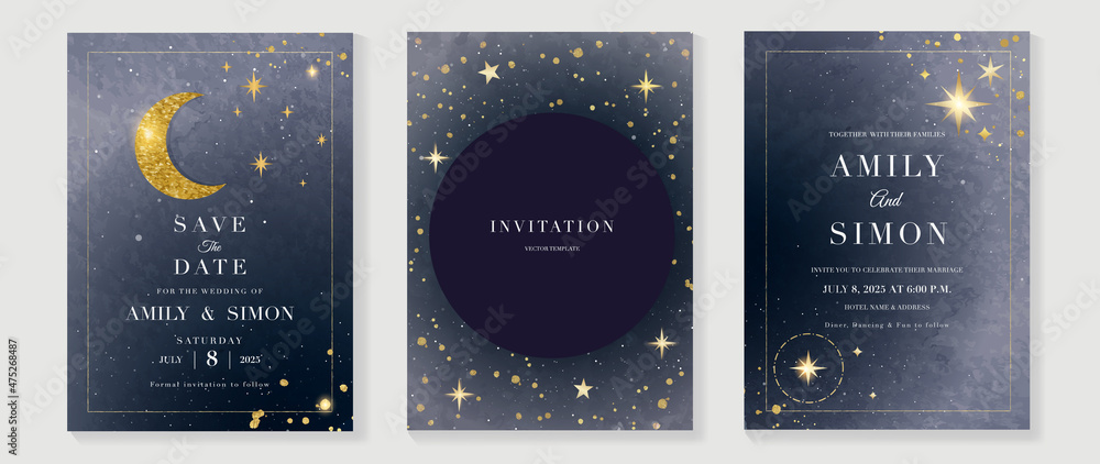 Star and moon themed wedding invitation vector template collection ...