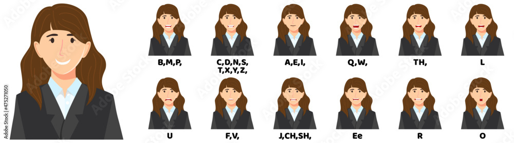 Modern cute businesswoman cartoon character talking mouth and lips ...