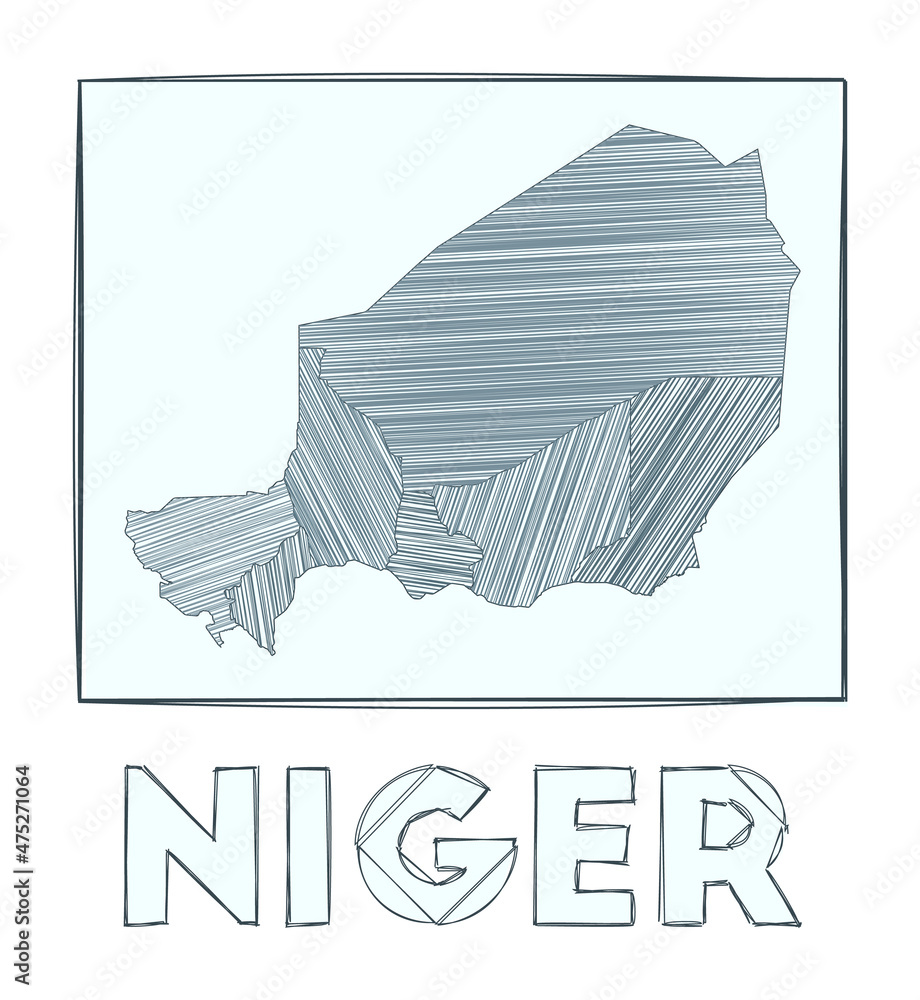 Sketch map of Niger. Grayscale hand drawn map of the country. Filled ...