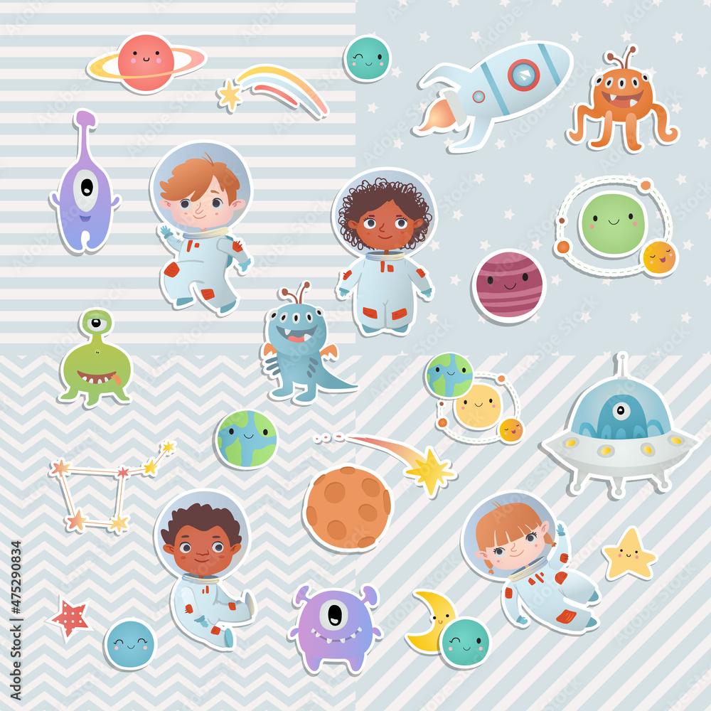Set of elements. Little astronauts, boy and girl, floating around in ...