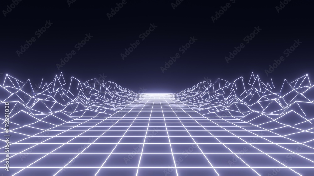 3d render, neon glowing retro wireframe poster Stock Illustration ...