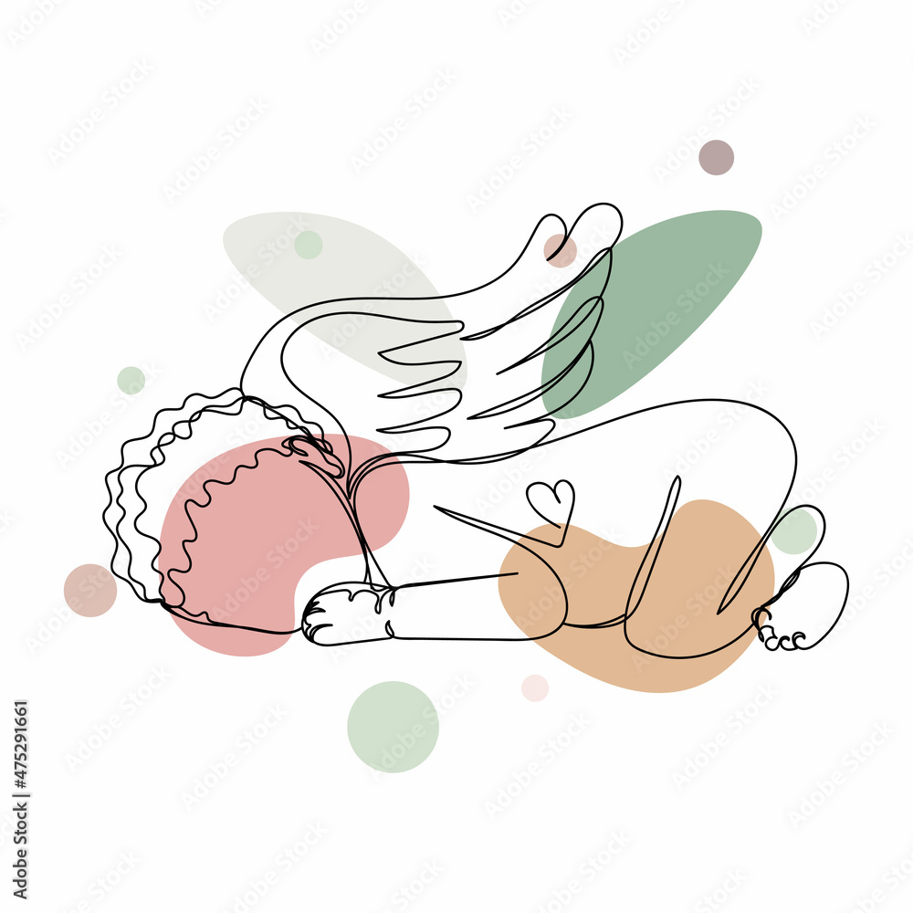 Continuous one simple single line drawing of little baby angel icon ...