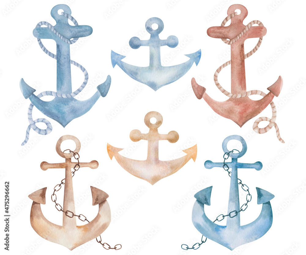 Watercolor illustration of hand painted set of blue, brown anchors with ...