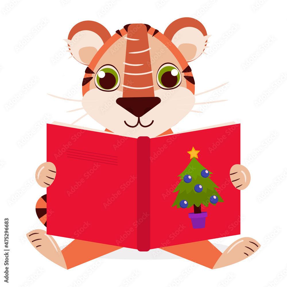 Cute tiger looks and reads a bright red New Year's book with a ...
