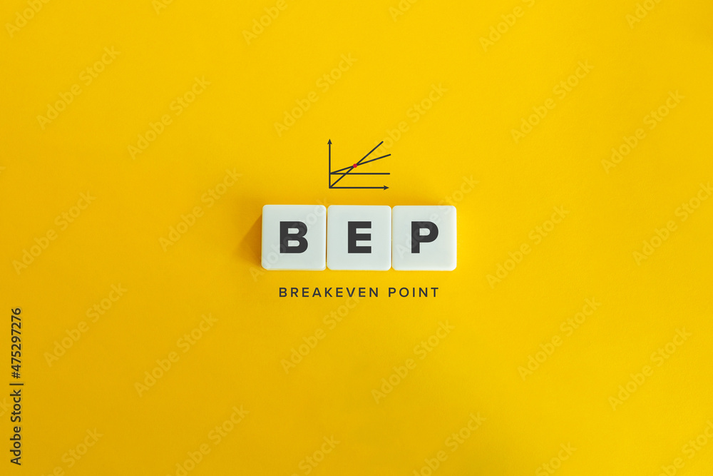 Breakeven Point (BEP) banner and icon. Block letters on bright orange ...