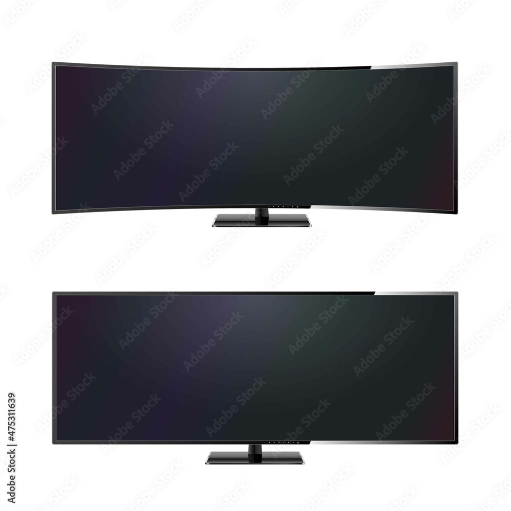 Vector realistic ultra wide curved modern computer LCD monitor. Front ...