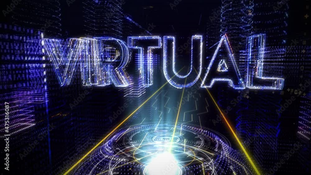 Inside an augmented reality. The word Virtual made of moving data ...