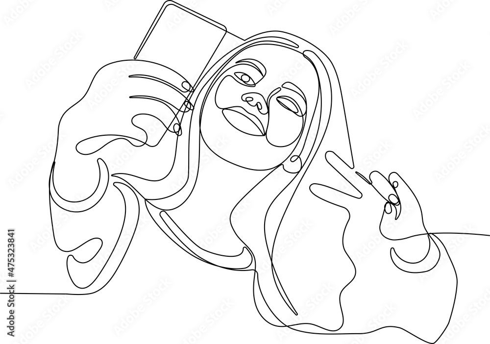 Continuous one line drawing of Cute Girl Take Photo with Selfie. Vector ...