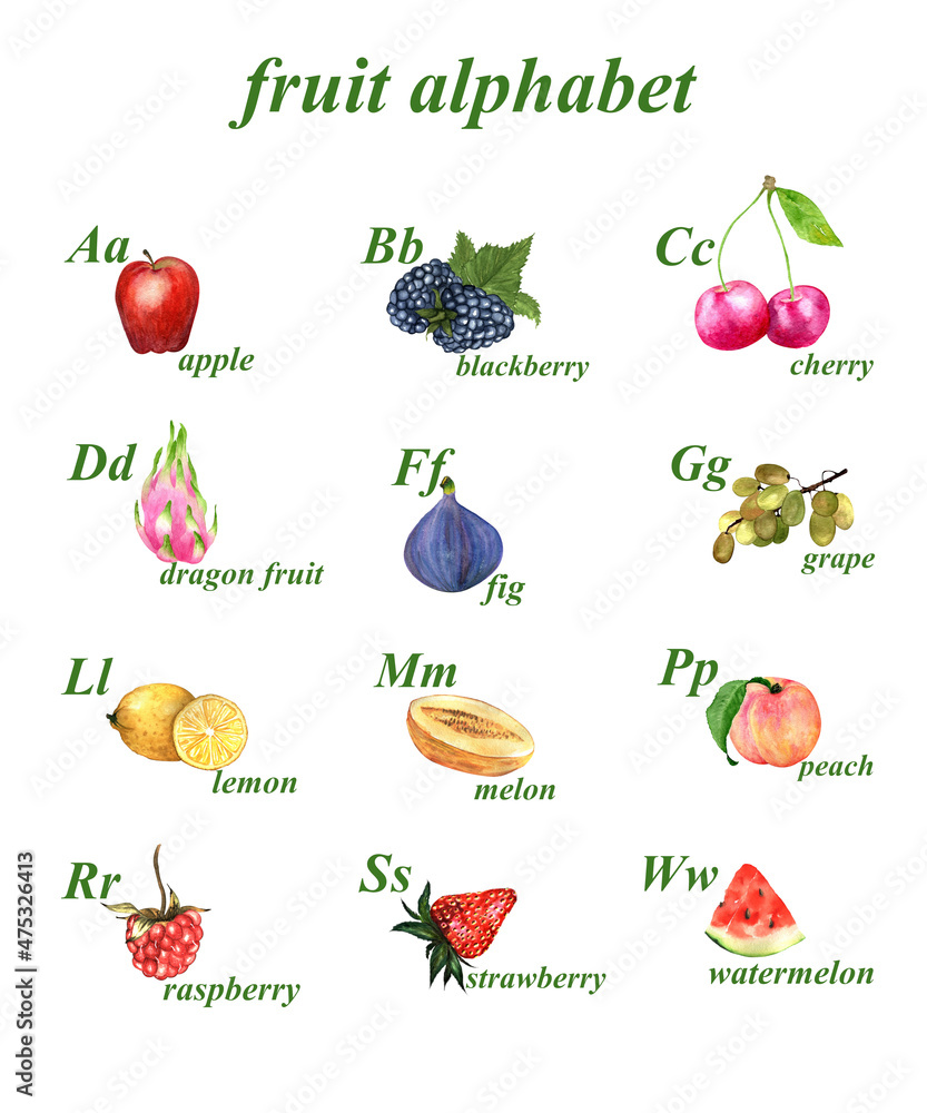 watercolor fruit alphabet. educational fruits in English. for the study ...