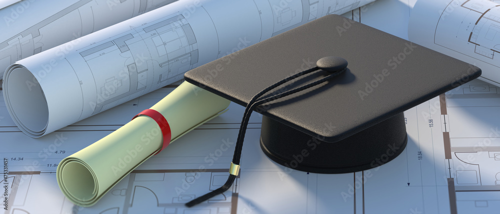 Engineer studies graduate. College diploma cap on construction project ...