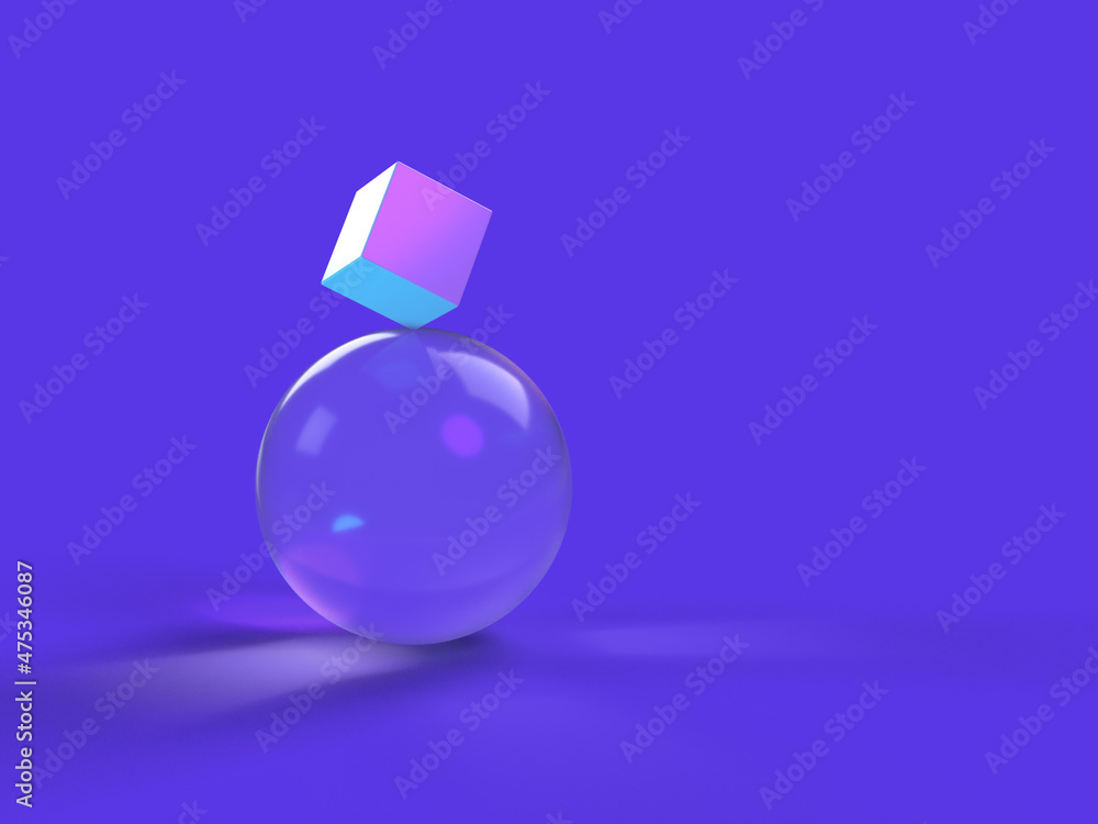 3D rendered round and square shapes in transparent material on a purple ...