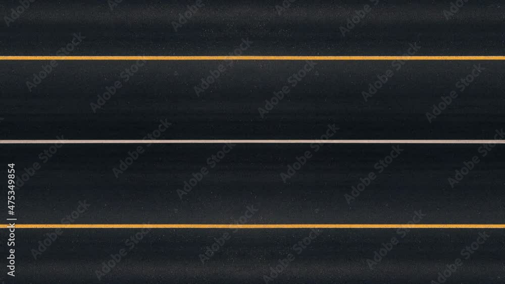 Aerial top Down view: Drone takeoff over empty Asphalt Roadway Surface with new bright yellow ...