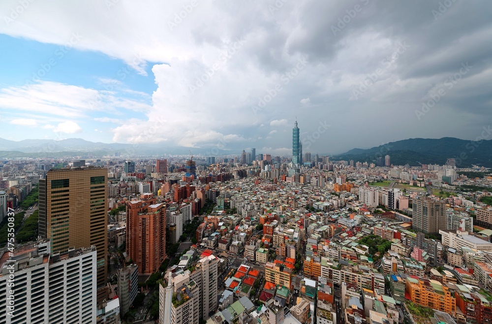 Aerial panorama over Taipei, capital city of Taiwan, with prominent ...