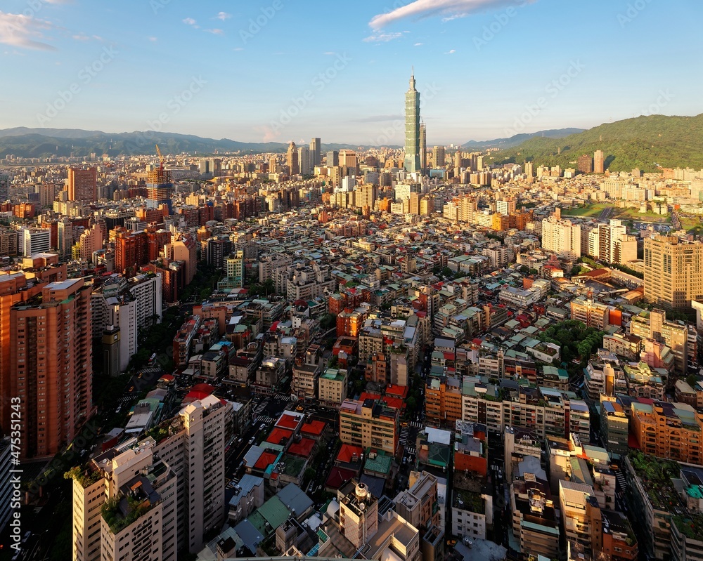 Aerial panorama over Downtown Taipei, capital city of Taiwan with view ...