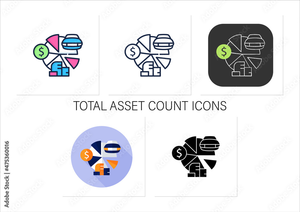 Total asset count icons set. All ownership aspects.Accounts receivable ...
