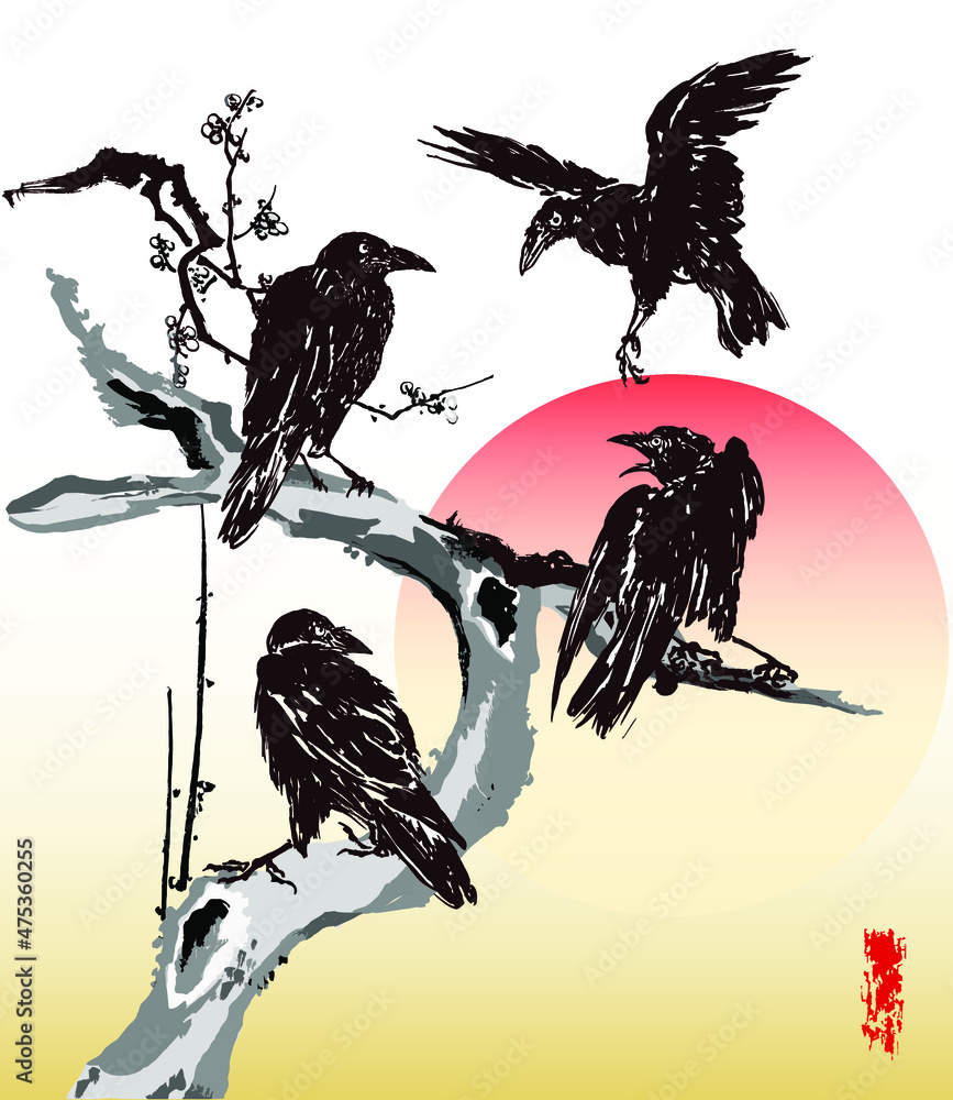 Three ravens on a branch and one flying in the sunset. Vector ...