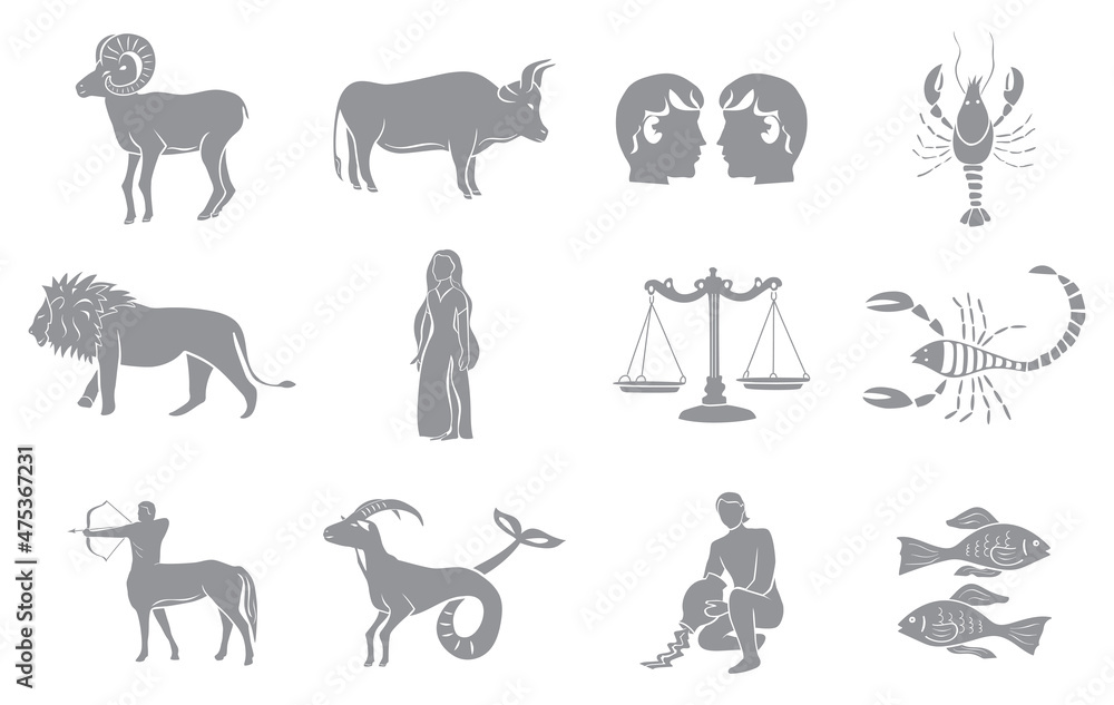 vector set - 12 Zodiac signs - animals (and mythological hybrids) Stock ...