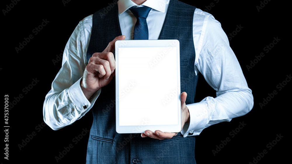 Mockup app. Businessman holding mobile tablet blank screen. Smart ...