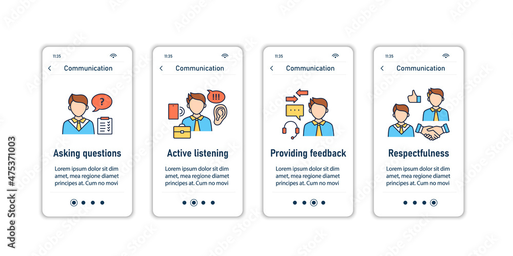 Effective communication onboarding mobile app screens.Asking question ...
